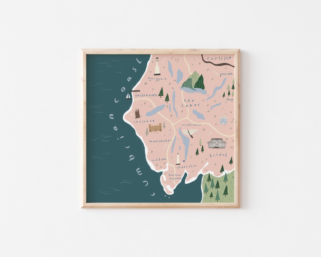 Cumbrian Coast Poster, Map of Cumbria Illustration the Lake District ...