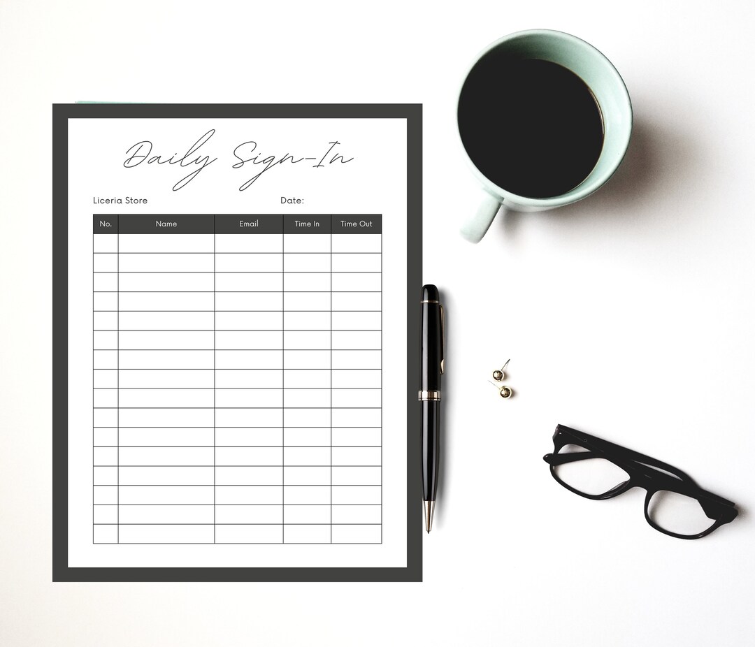Black & White Minimal Daily Sign in Sheet or Log Out Sheet Printable ...