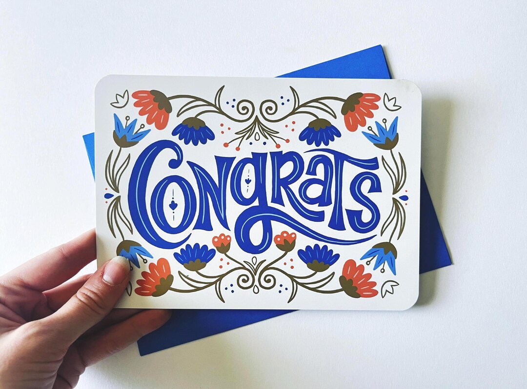 Hand Lettered Floral Ornamental Congrats Card | 5 X 7 Inch Milestone ...