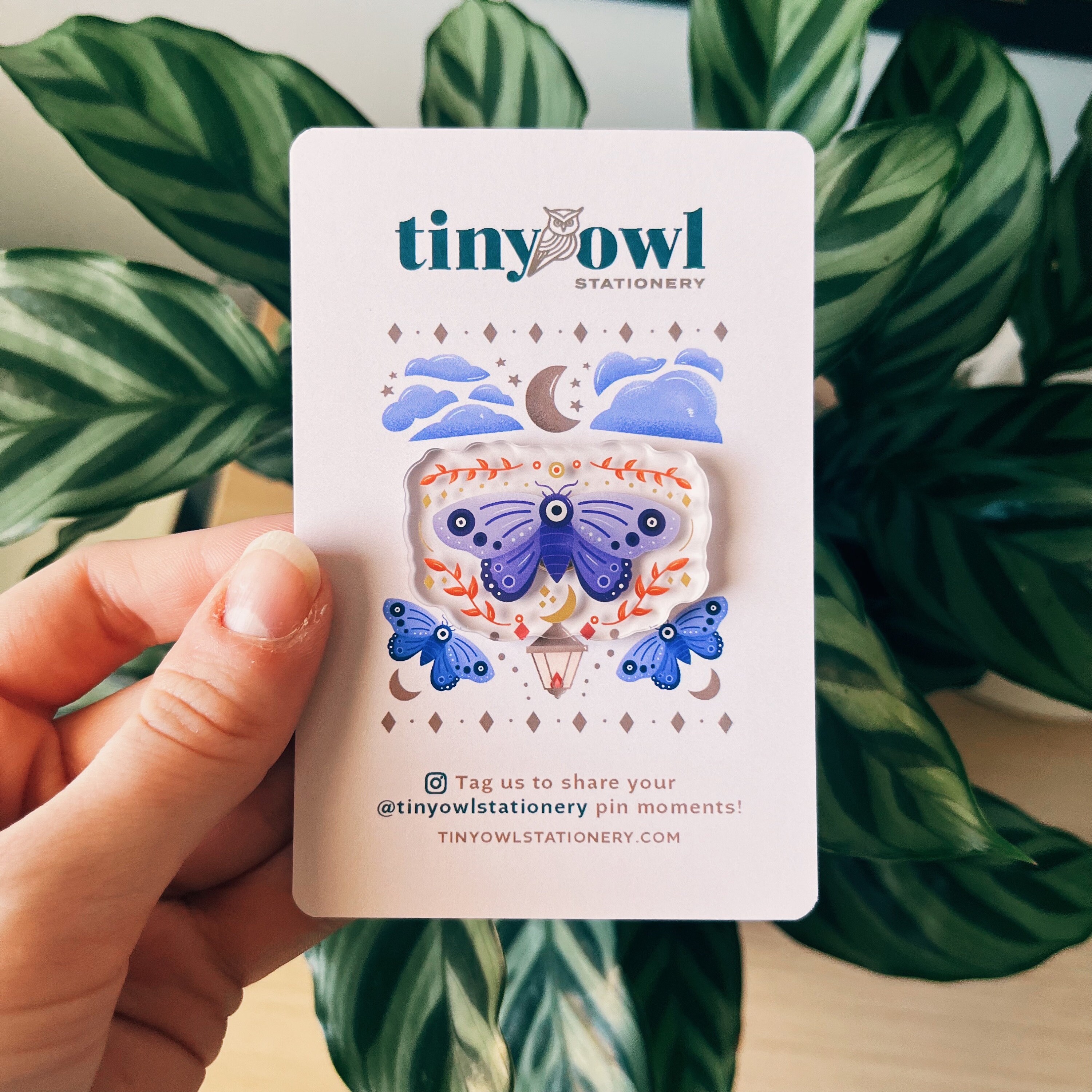 Lunar Moth Acrylic Pin 1.5 Inch | Blue Moth Lantern Moon Clouds Stars ...