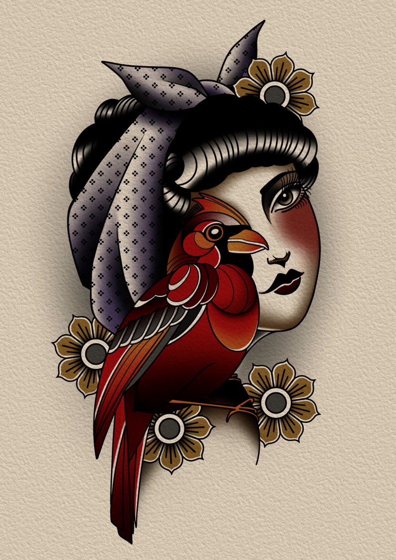 Traditional Tattoo Art Print Cardinal Girl - Etsy