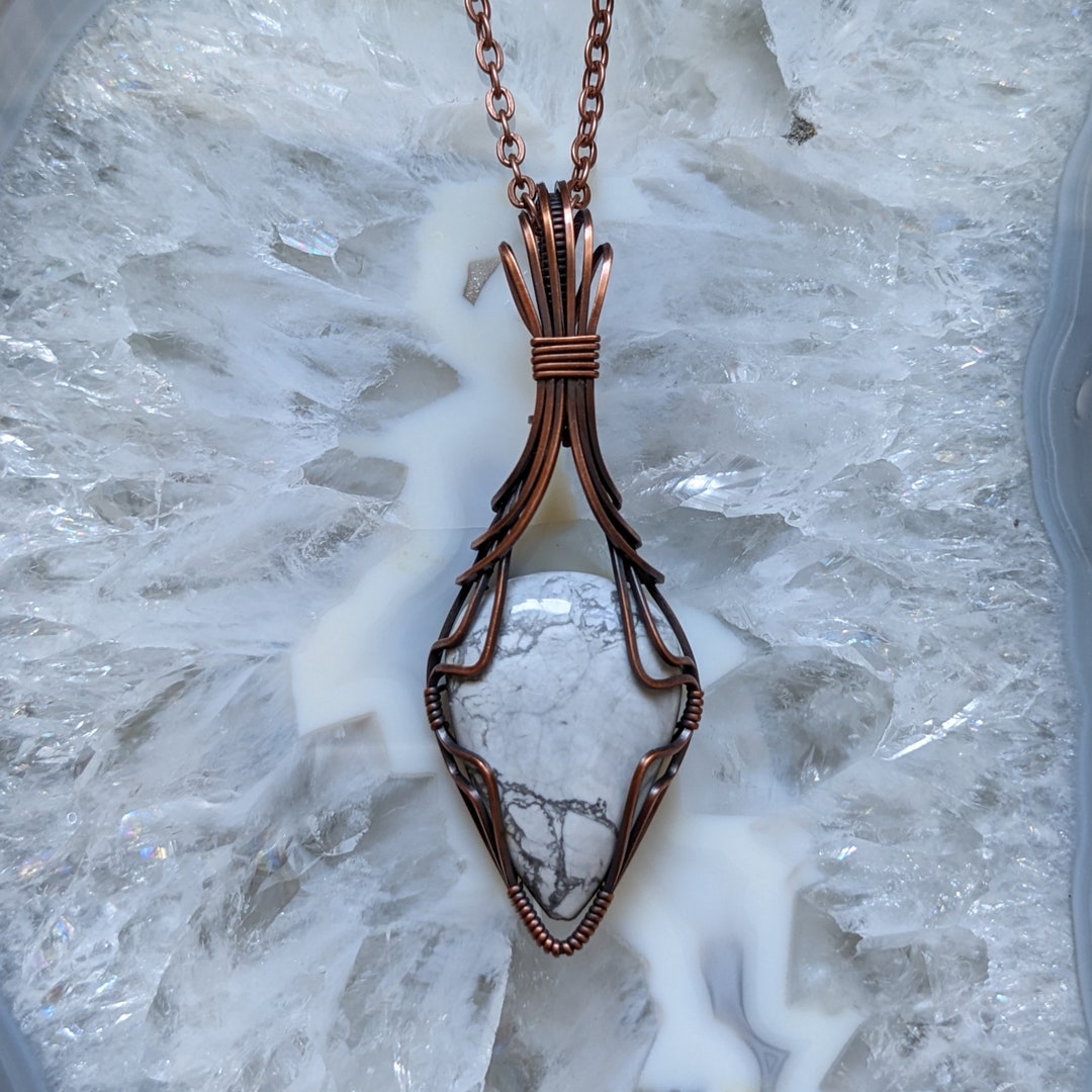 Art Deco Style Howlite and Antique Copper Wire Wrapped Pendant - Etsy