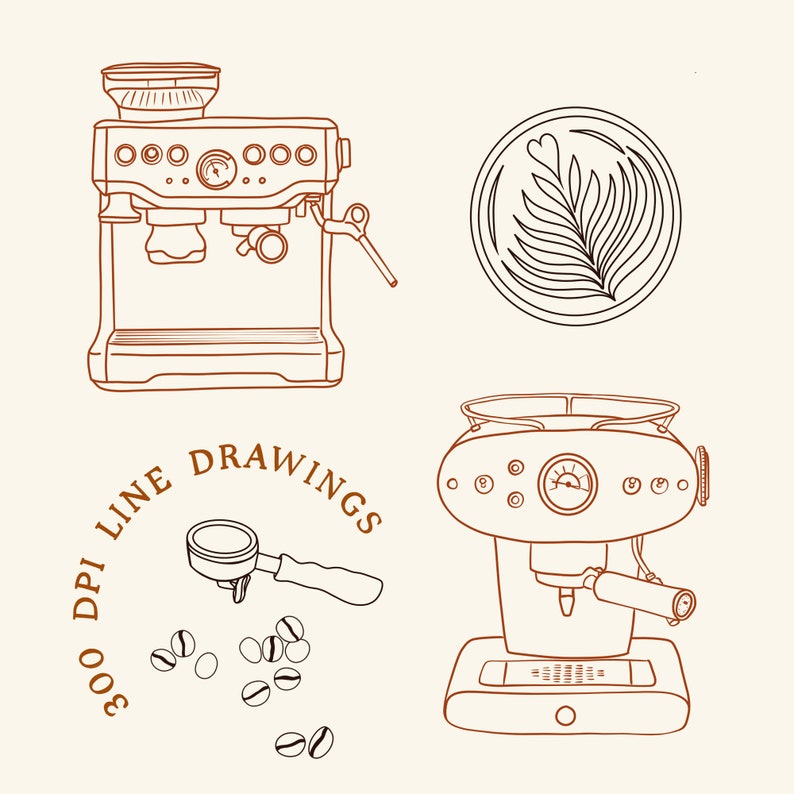 Coffee Illustrations Cafe Line Drawings Clipart PNG Espresso Latte DIY ...