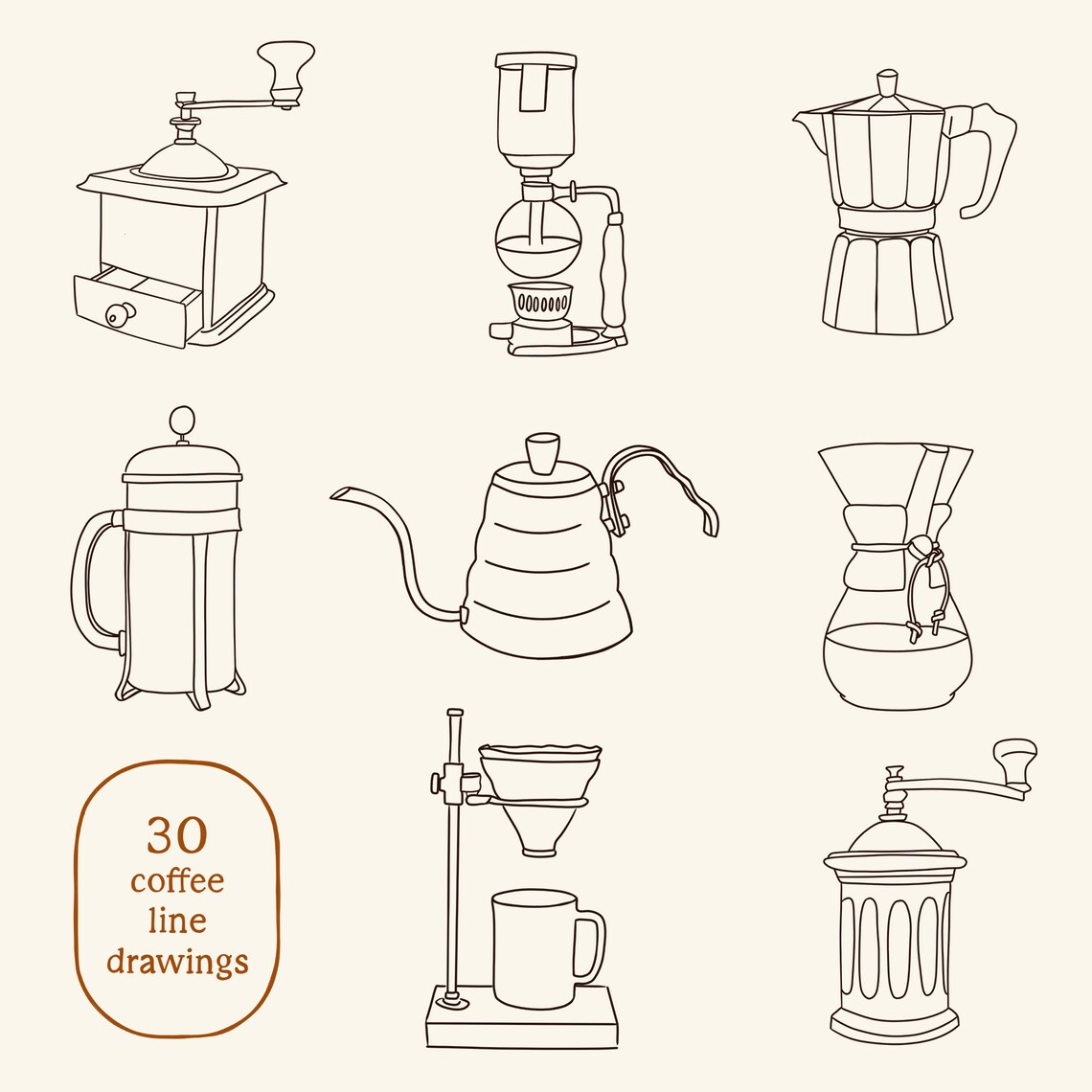 Coffee Illustrations Cafe Line Drawings Clipart PNG Espresso Latte DIY ...