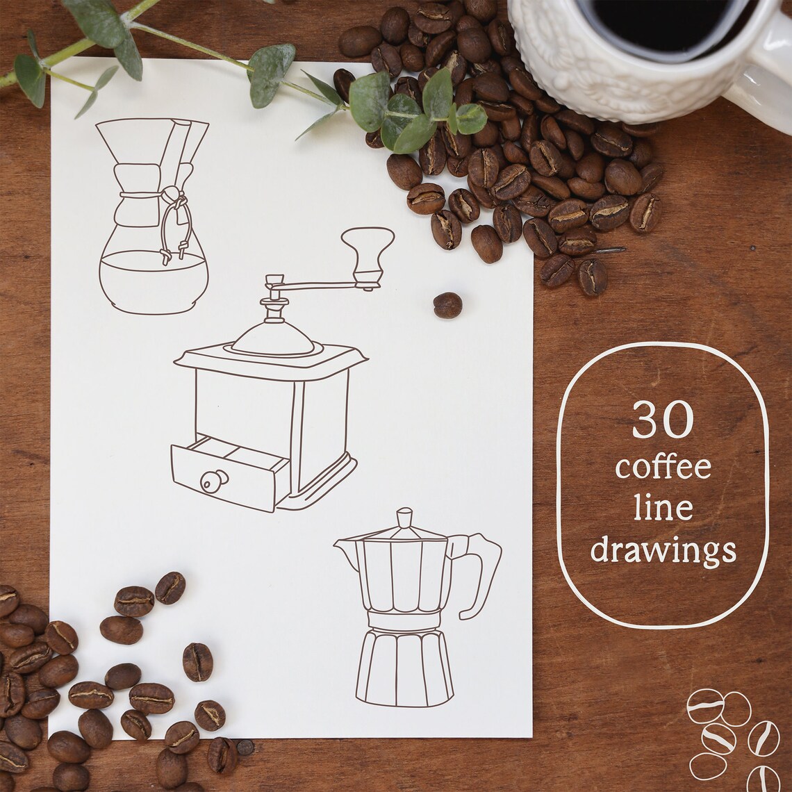 Coffee Illustrations Cafe Line Drawings Clipart PNG Espresso Latte DIY ...