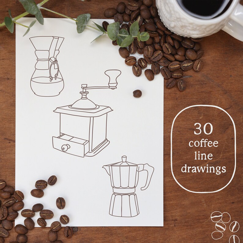 Coffee Illustrations Cafe Line Drawings Clipart PNG Espresso Latte DIY ...