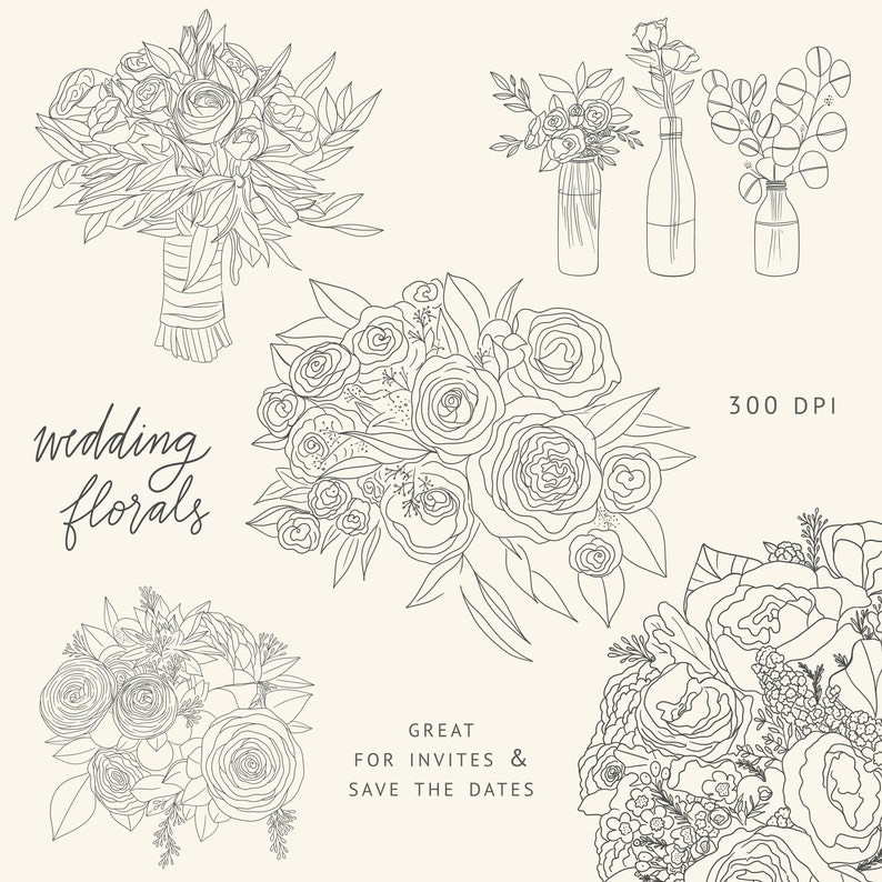 DIY Wedding Hand Drawn Clipart Floral Romantic Line Art Botanical ...
