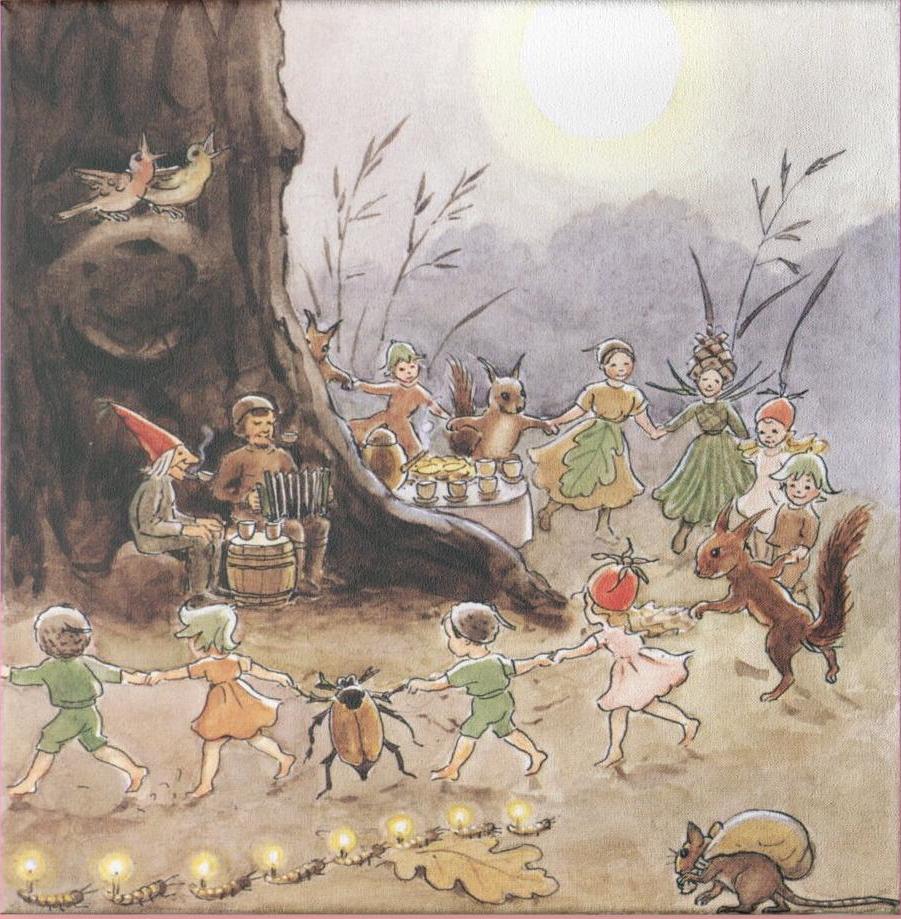 Forest Friends Dancing Around a Tree. Fairy Tale. Little People ...