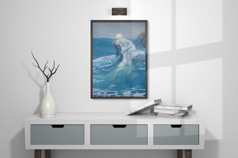 Mermaid Siren Luring Fisherman: 1910 Vintage Art Print (digital ...