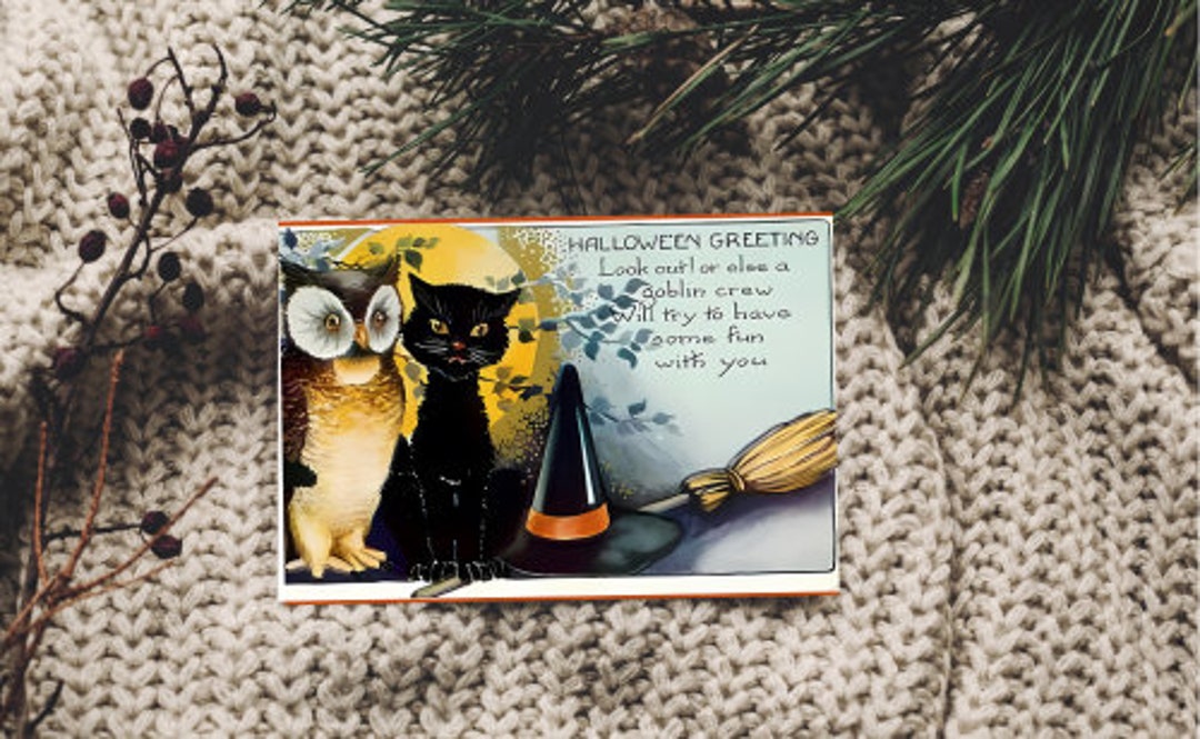 Black Cat and Owl. Vintage Halloween Card. Weirdcore and Goblincore ...