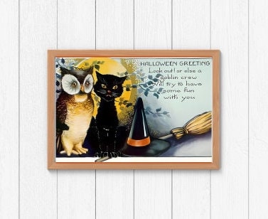 Black Cat and Owl. Vintage Halloween Card. Weirdcore and Goblincore ...