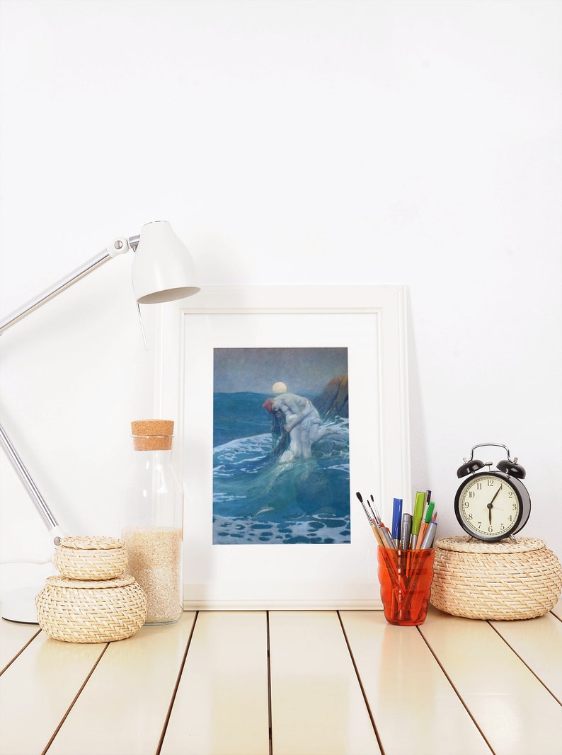 Mermaid Siren Luring Fisherman: 1910 Vintage Art Print (digital ...