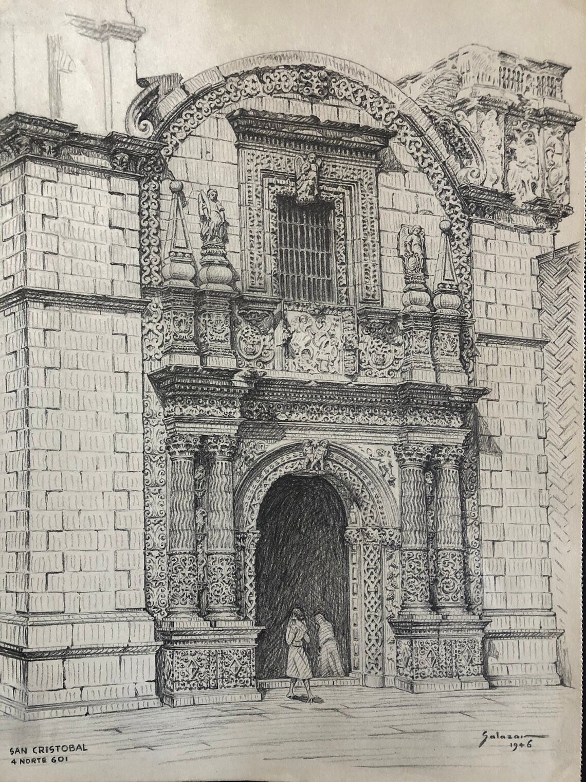 San Cristobal Puebla Original Pencil Drawing by Salazar 1946 - Etsy