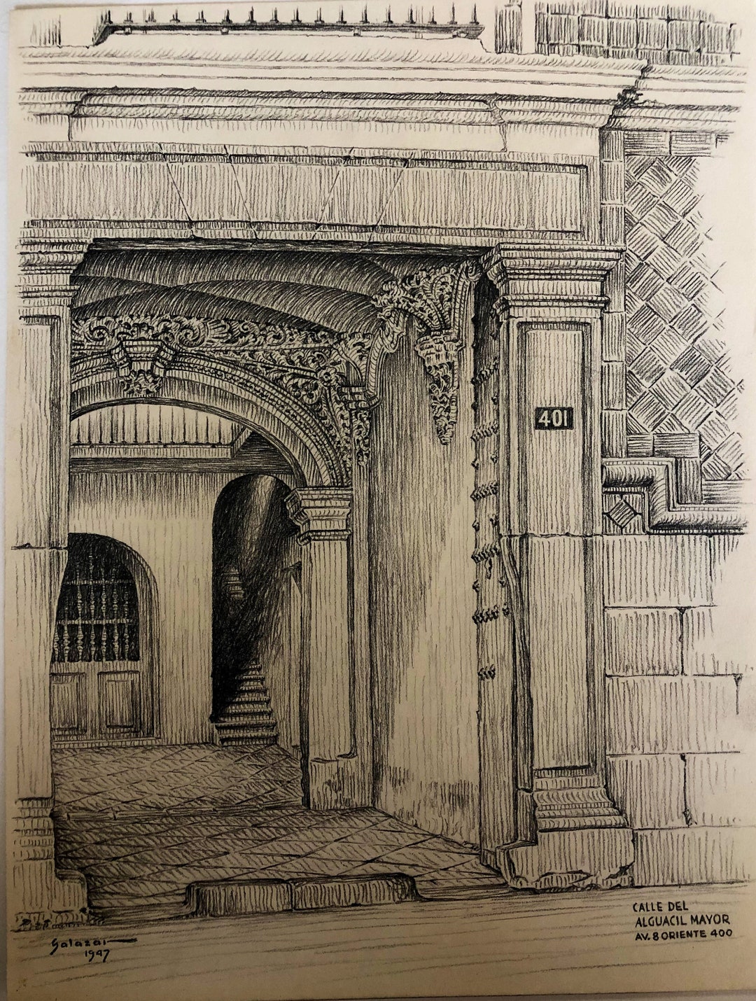 Original Drawing Calle Del Alguacil Mayor Puebla Mexico by Salazar 1947 ...