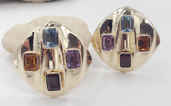 Multi-color Gemstones Round Corner Square 14KT Yellow… - Gem