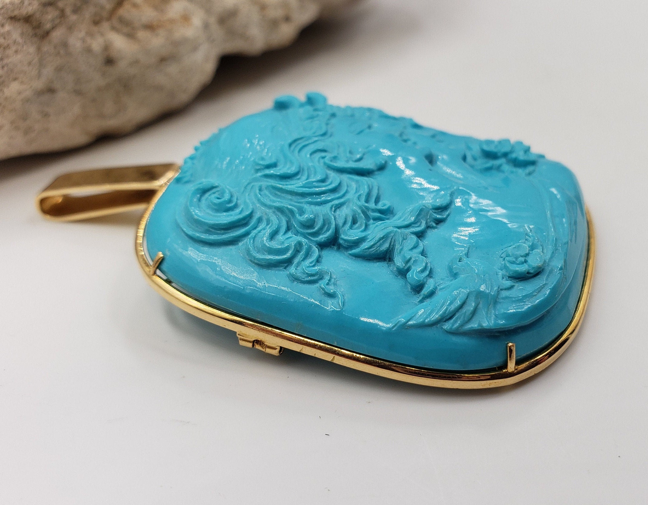 18kt Yellow Gold Rectangle Cameo Composite Turquoise Pendant/pin - Etsy