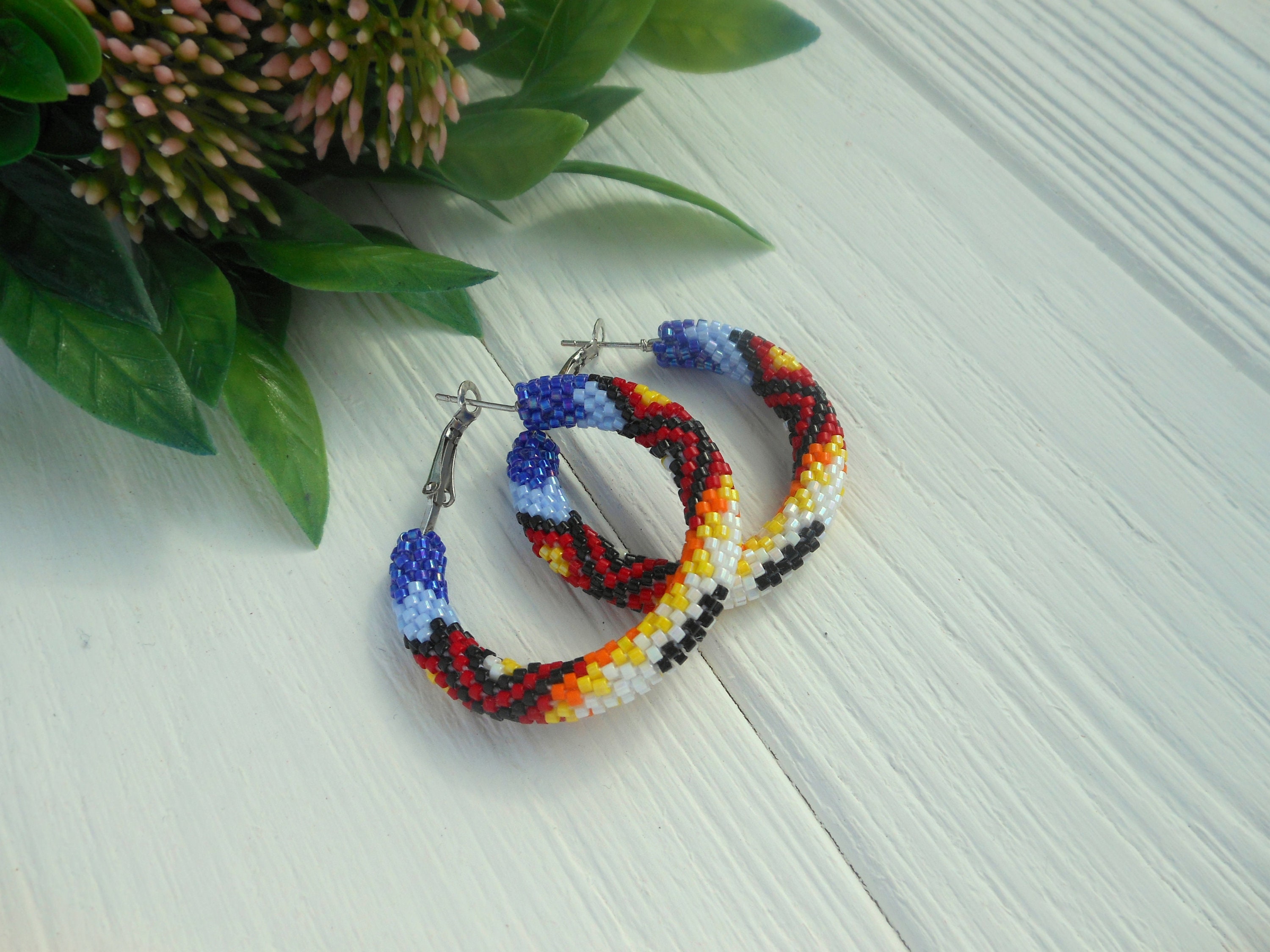 Beaded Hoop Earrings Seed Dangle Native America Earrings Beadwork Hoop ...
