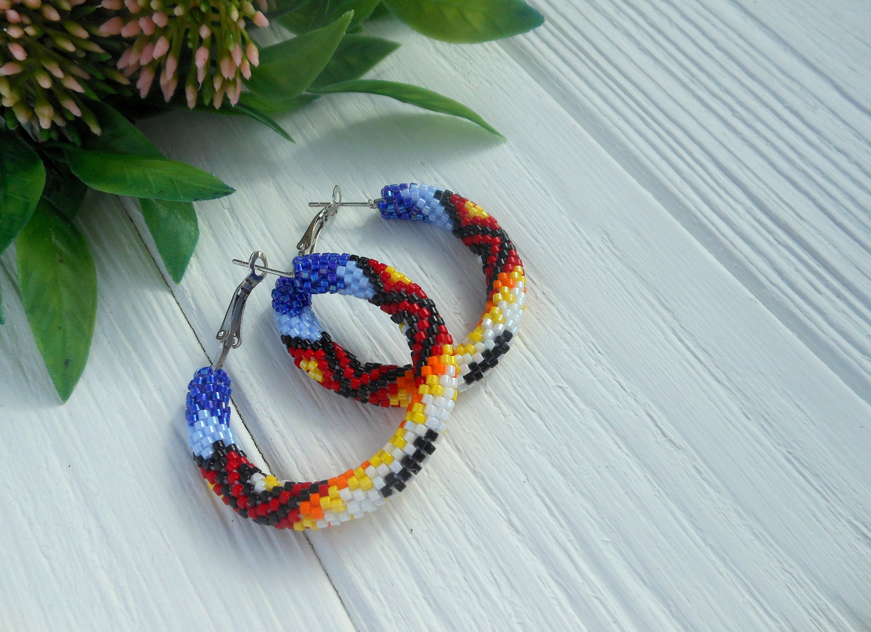 Beaded Hoop Earrings Seed Dangle Native America Earrings Beadwork Hoop ...