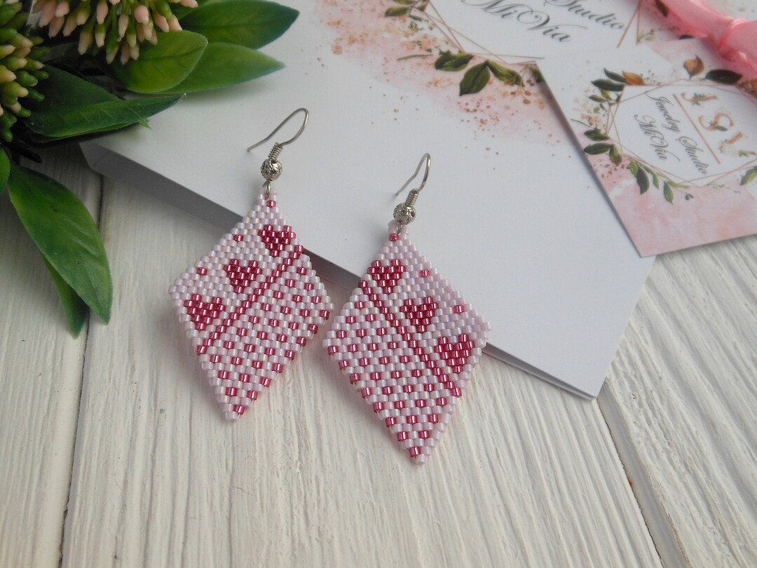 Pink Beaded Earrings Handmade, Love Heart Earrings Dangle, Romantic ...