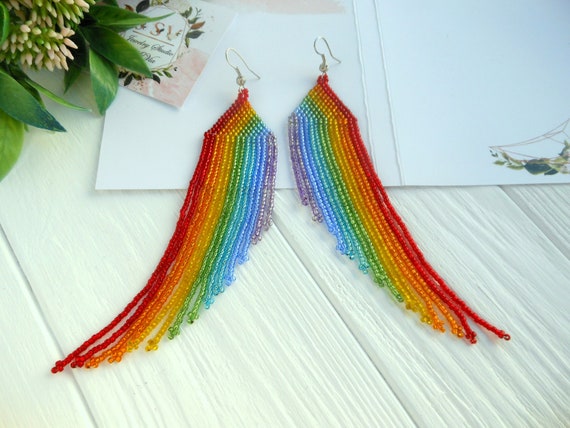 Lesbian Earrings Rainbow Beaded Earrings Dangle Lesbian Gift for Girlfriend Lgbt Pride Jewelry Etsy