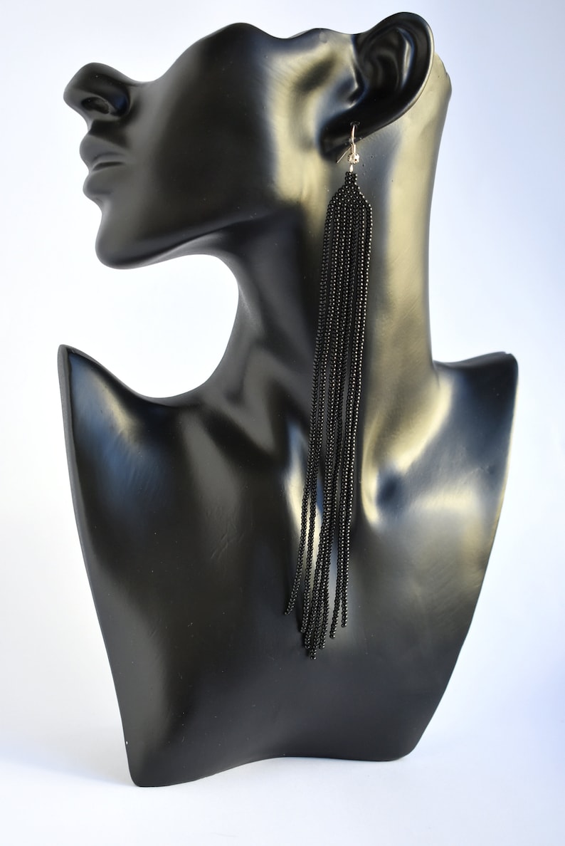 Very Long Earrings Black Long Earrings Dangle Black Beaded Earrings ...