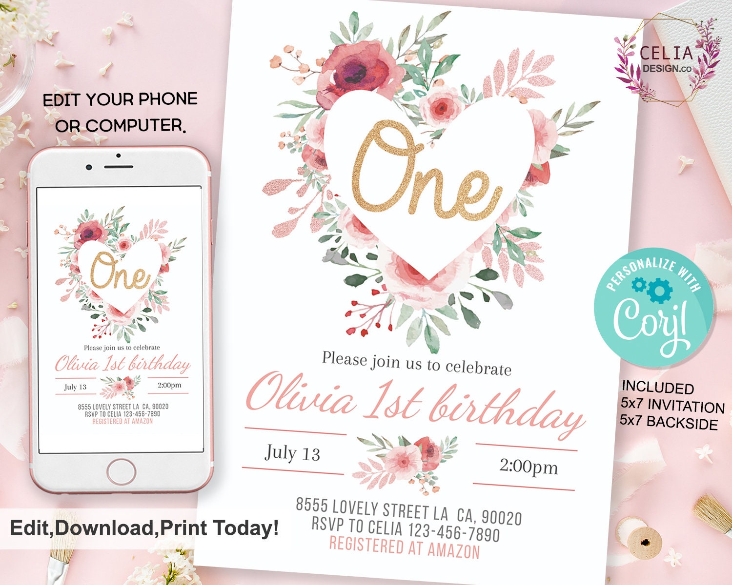 Editable First Birthday Invitation Card, 1st Birthday Girl, Love Invite ...