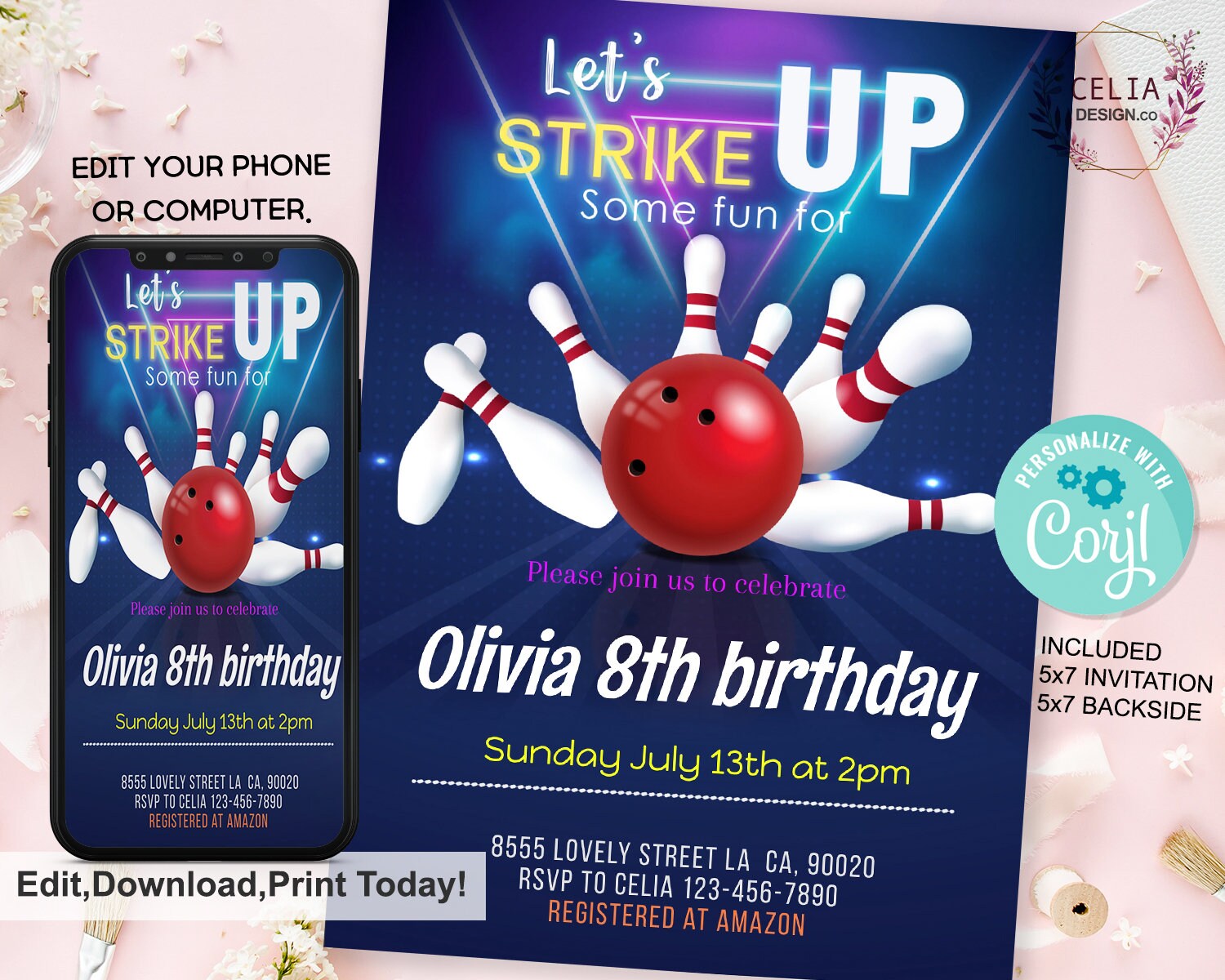 Editable Bowling Party Invitation, Bowling Birthday Invitation, Bowling ...