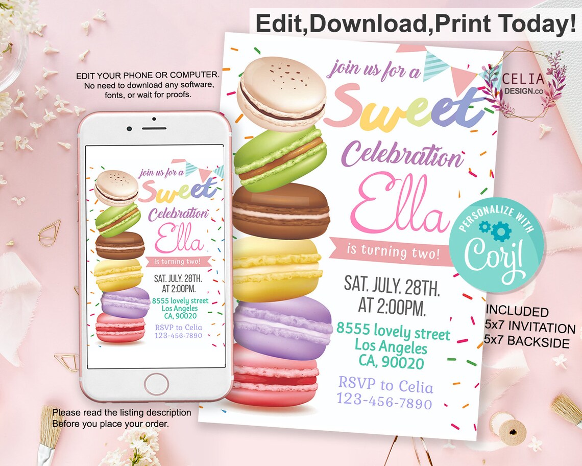 Macaron Birthday Invitation - Printable Birthday Invitation, Macaroons ...