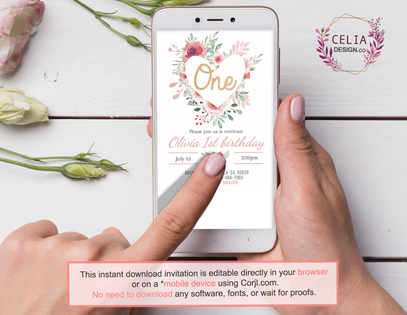 Editable first birthday invitation card 1st birthday girl | Etsy