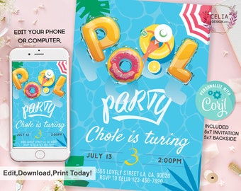 Pool Party Card, Pool Party Invitation Editable Card, Printable Invite ...