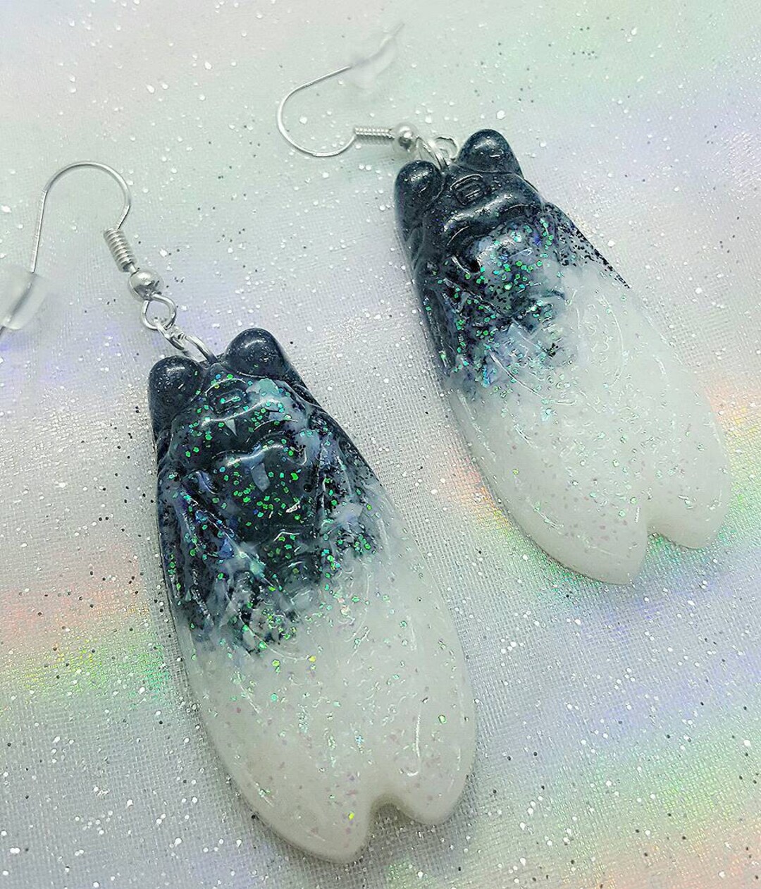 Black and White Holo Glitter Mix Resin Cicada Earrings - Etsy