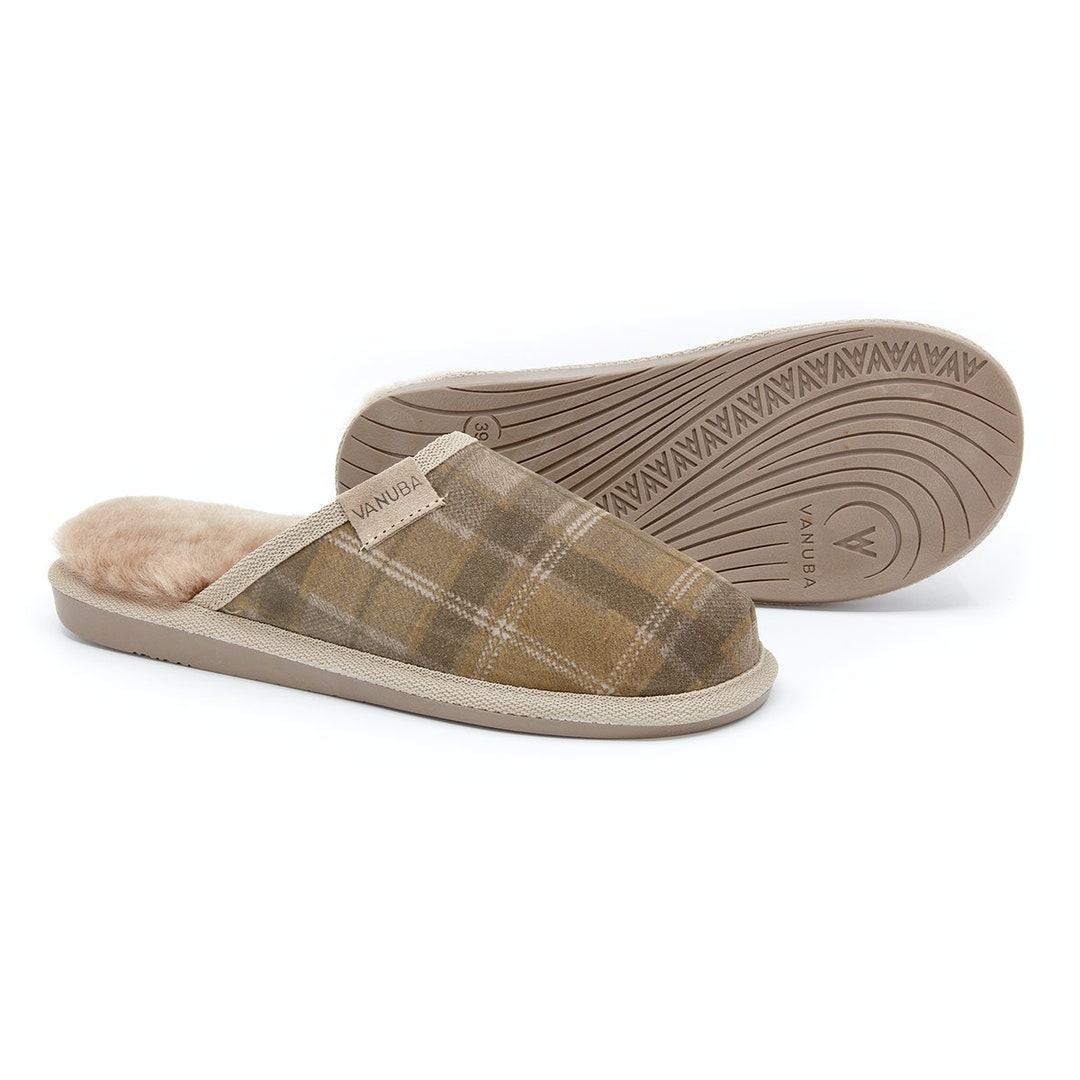 Women’s Slippers, Checkered Sheepskin Home Shoes, Olive Slip-on ...