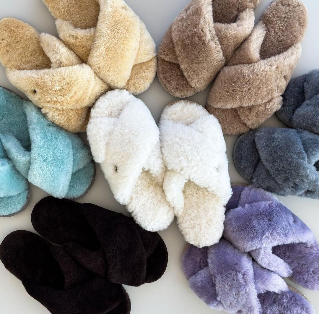 Luxury Real Sheepskin Cross Slides for Women 36-42, Fluffy Soft Mule ...