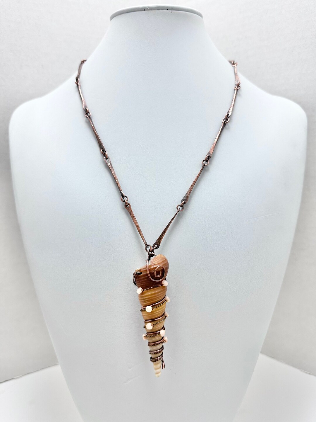 Handmade Copper Wire Wrapped Auger Shell Necklace With Coral Beads - Etsy
