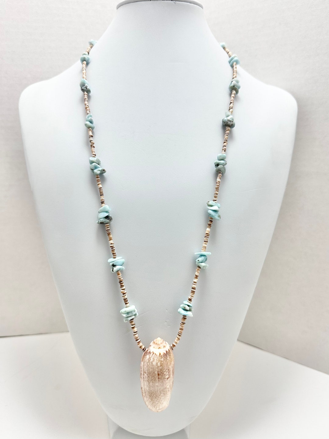 Olive Shell Pendant Necklace: Larimar Chip and Heishi Bead Boho Jewelry ...