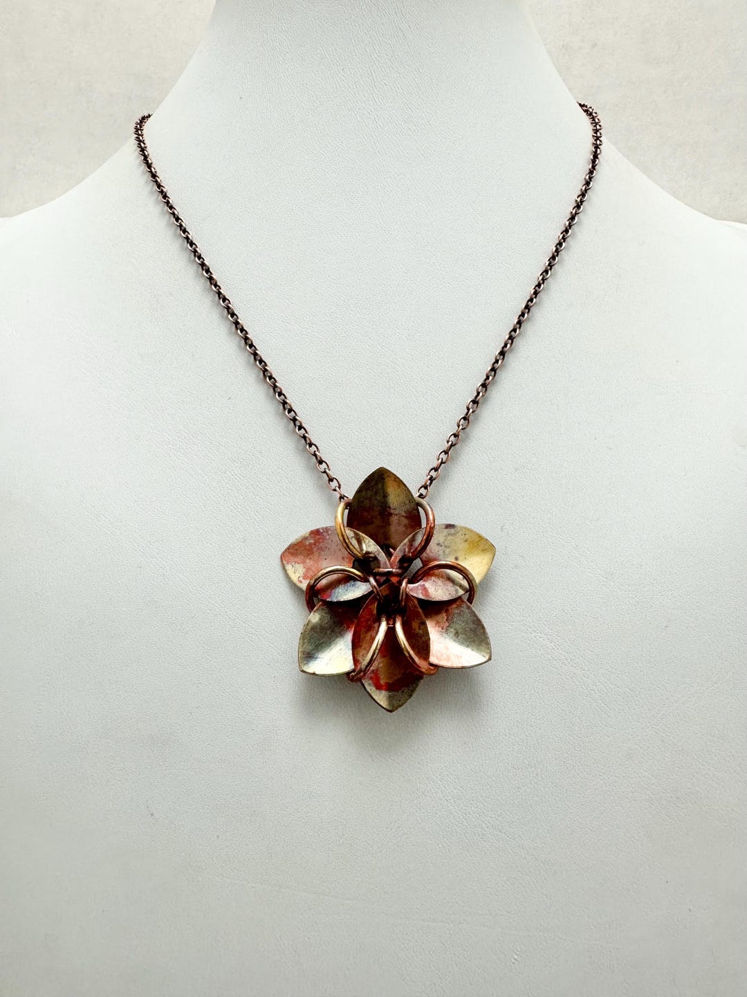 Heat Patinated Copper Flower Pendant Necklace: Iridescent Scalemaille ...