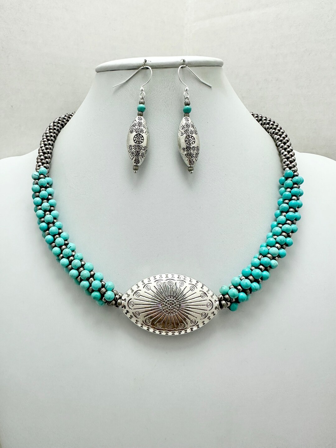 Turquoise Howlite Necklace, Turquoise and Silver Necklace, Kumihimo ...