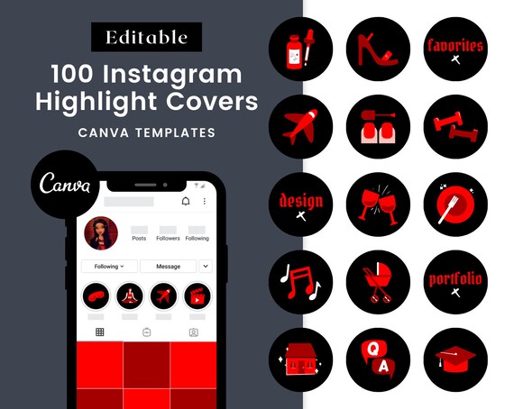 Editable Instagram Highlight Covers Black and Red Instagram - Etsy