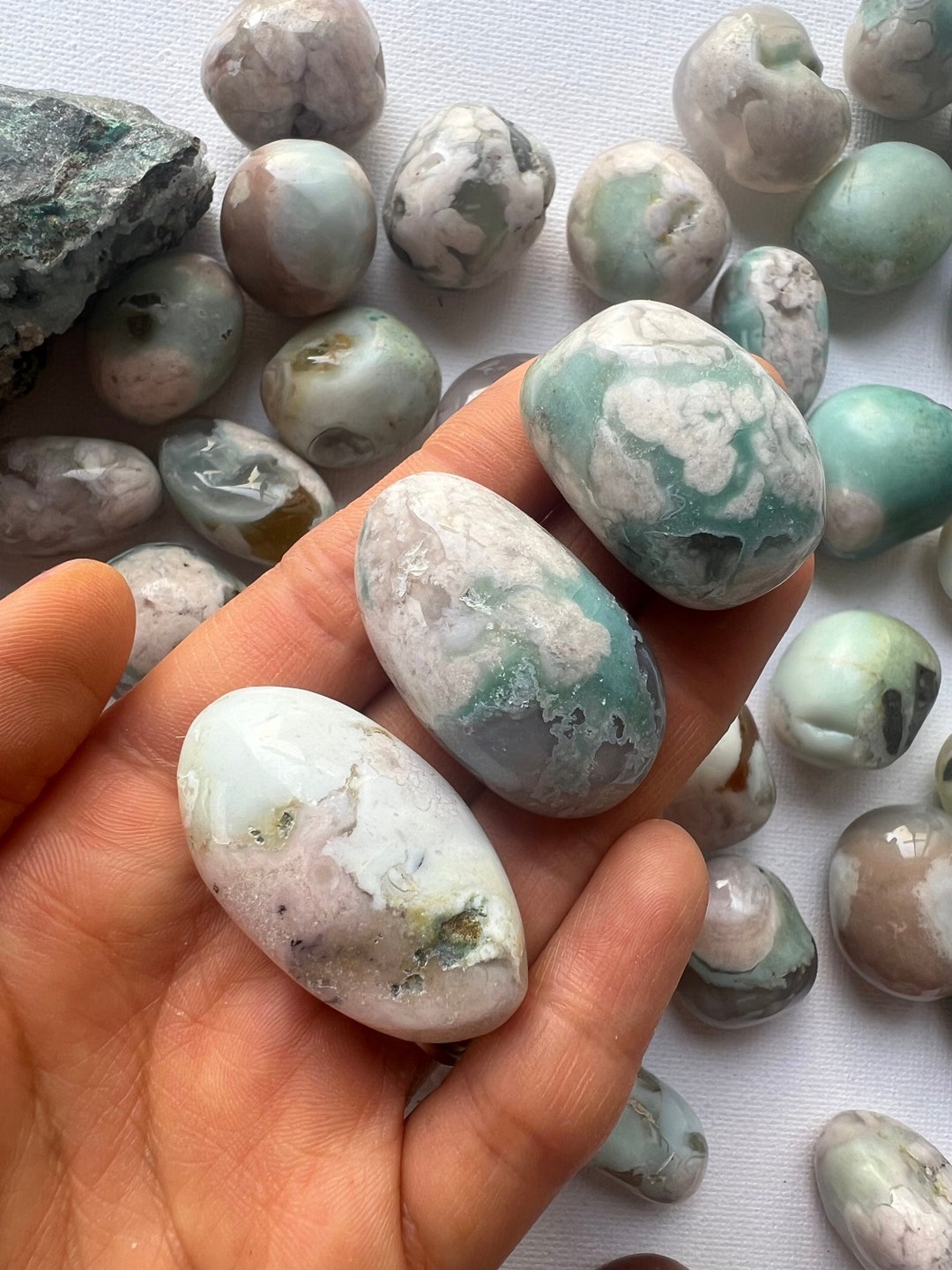 Green Cherry Blossom Agate Tumbled Stone, Green Tumbled Flower Agate ...