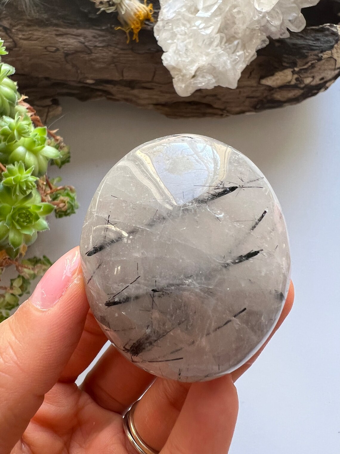 Black Tourmaline in Quartz Palm Stone, Tourmalinated Quartz Palm Stone ...