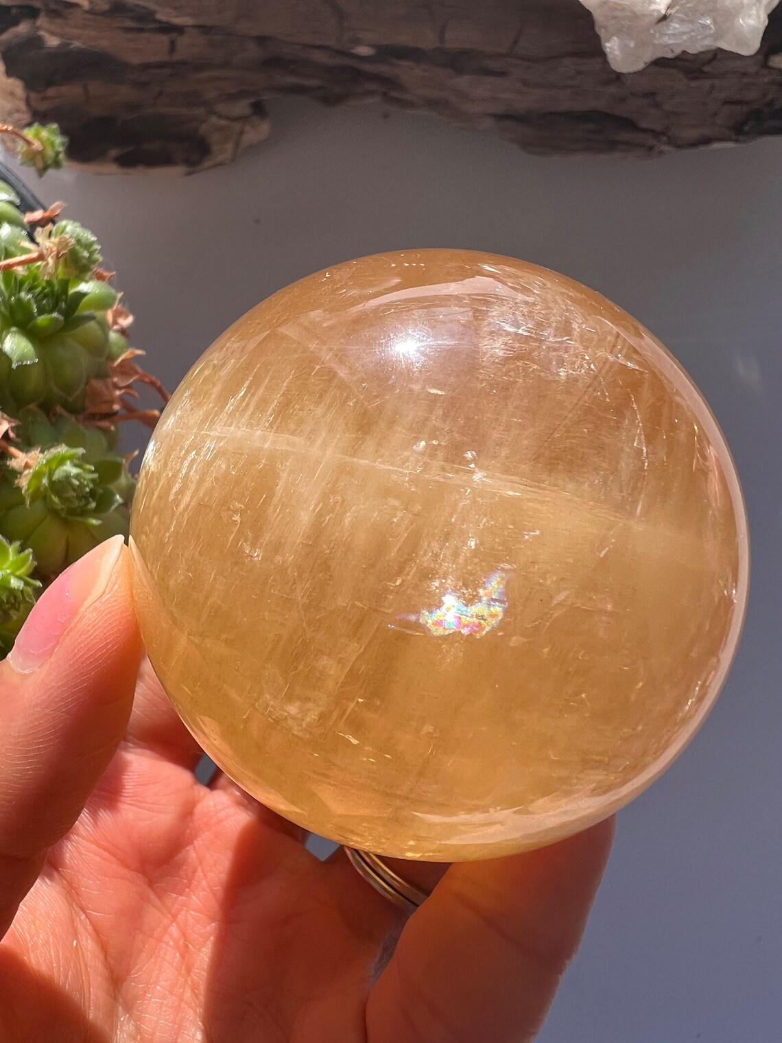 Honey Calcite Sphere With Rainbow Inclusion, Top Quality Honey Calcite ...