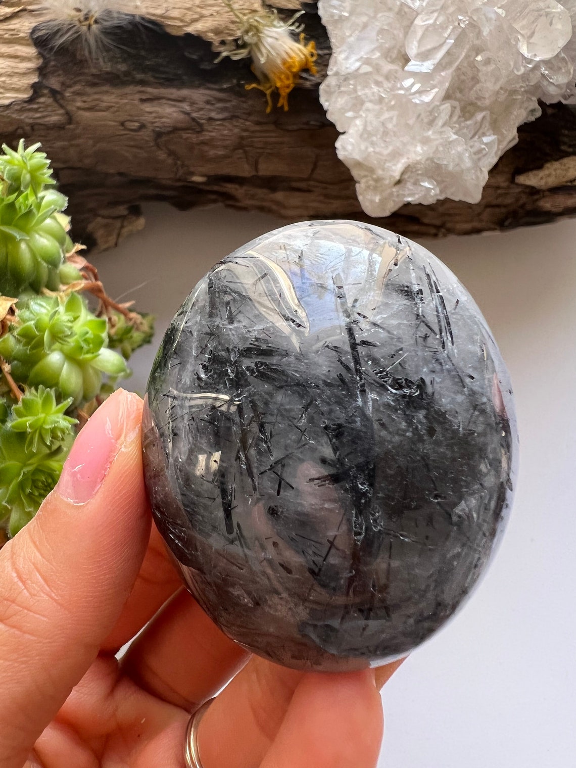 Black Tourmaline in Quartz Palm Stone, Tourmalinated Quartz Palm Stone ...