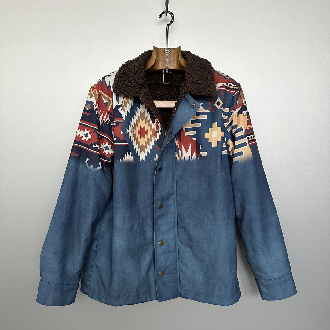 Vintage Blue Aztec Pattern Sherpa Jacket - Etsy