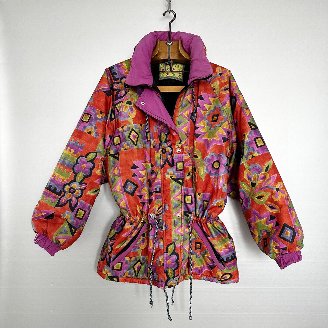 Vintage Colorful Puffer Jacket | Aztec & Floral Vibrance With Rainbow ...