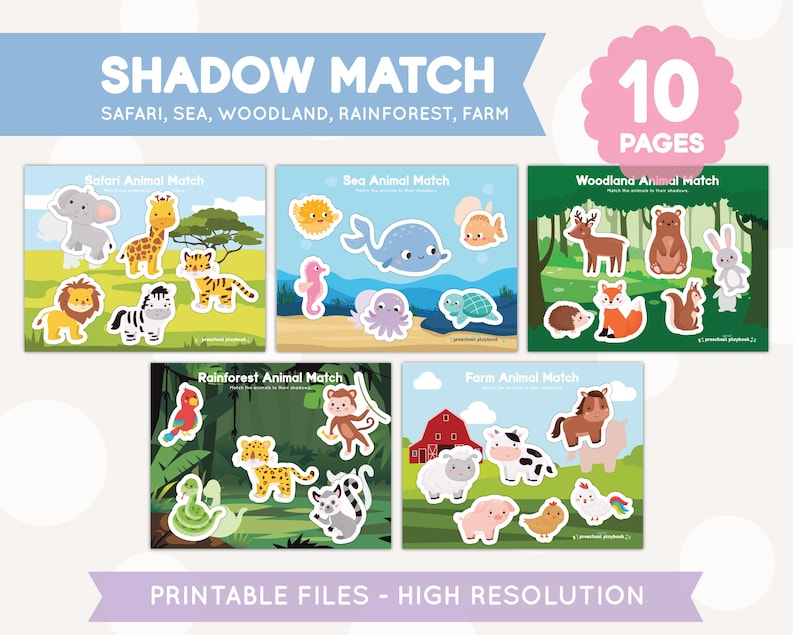 Shadow Match, Printable Animal Puzzle, Toddler Busy Book, Homeschool ...