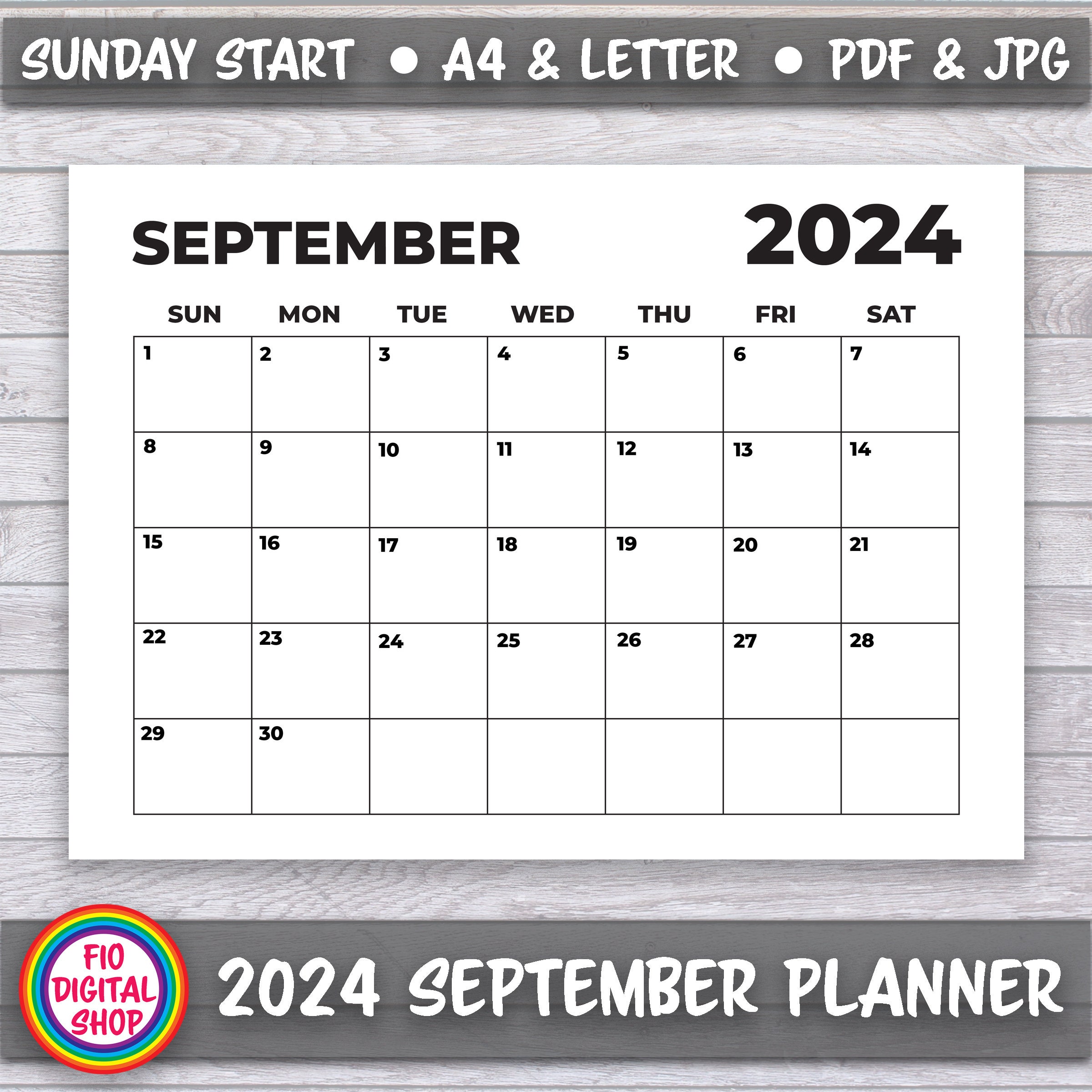 2024 September Sunday Start Minimalist Black and White Monthly Planner ...