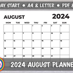 2024 August Monday Start Minimalist Black and White Monthly Planner ...