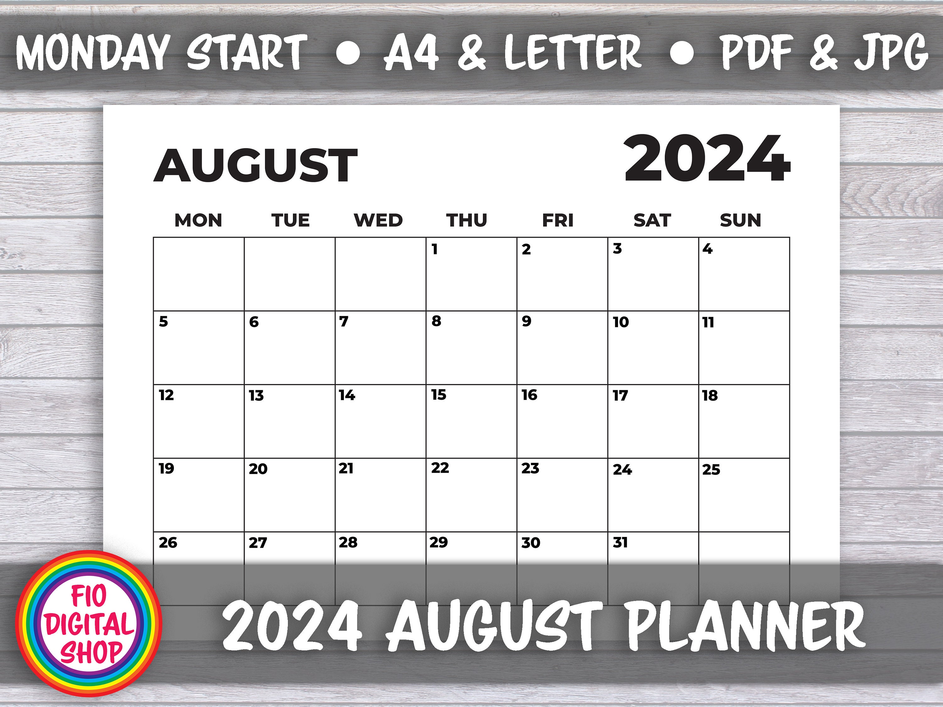 2024 August Monday Start Minimalist Black and White Monthly Planner ...