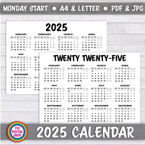 2025 Minimalist Black and White Calendar, Monday Start Printable ...