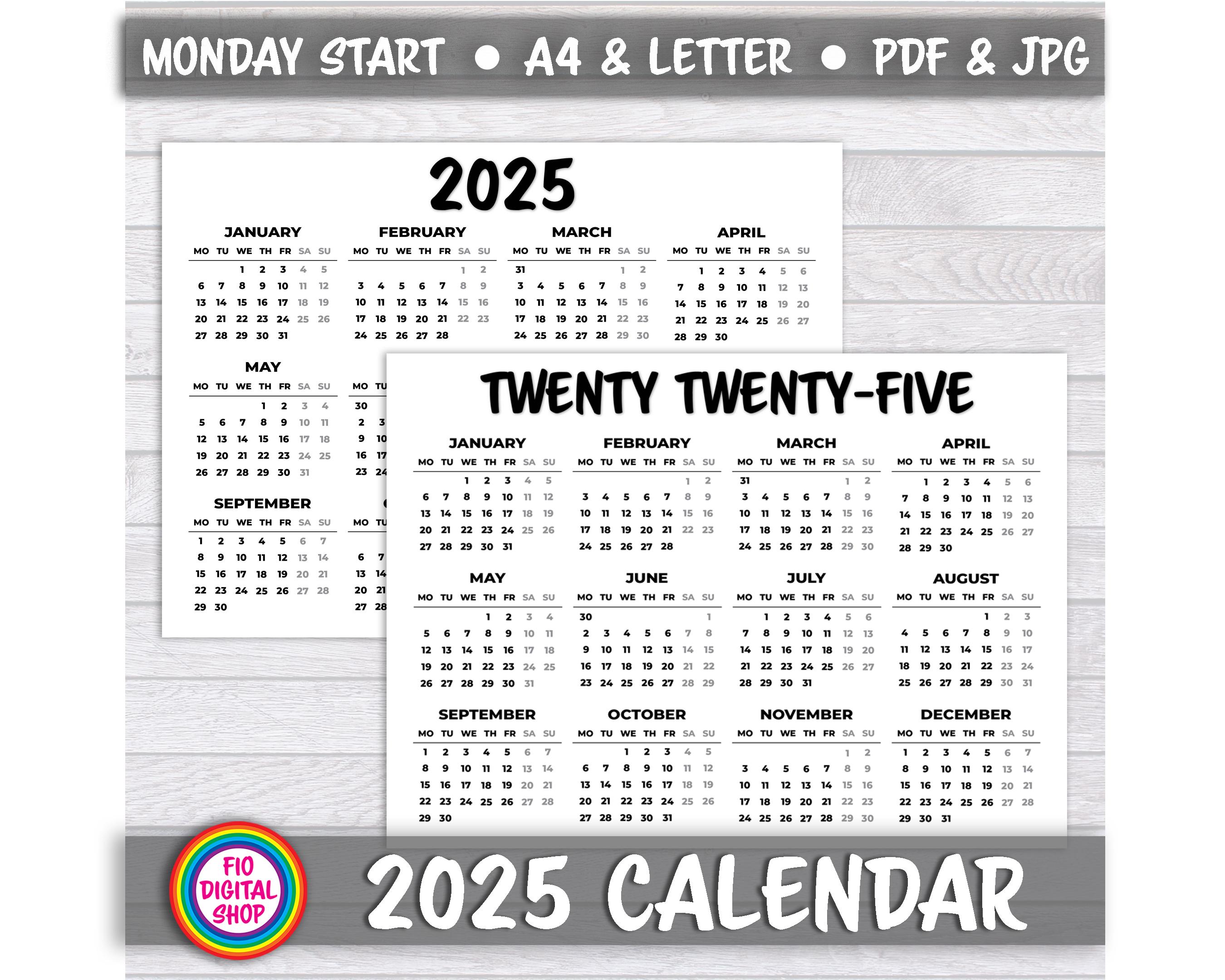 2025 Minimalist Black and White Calendar, Monday Start Printable ...